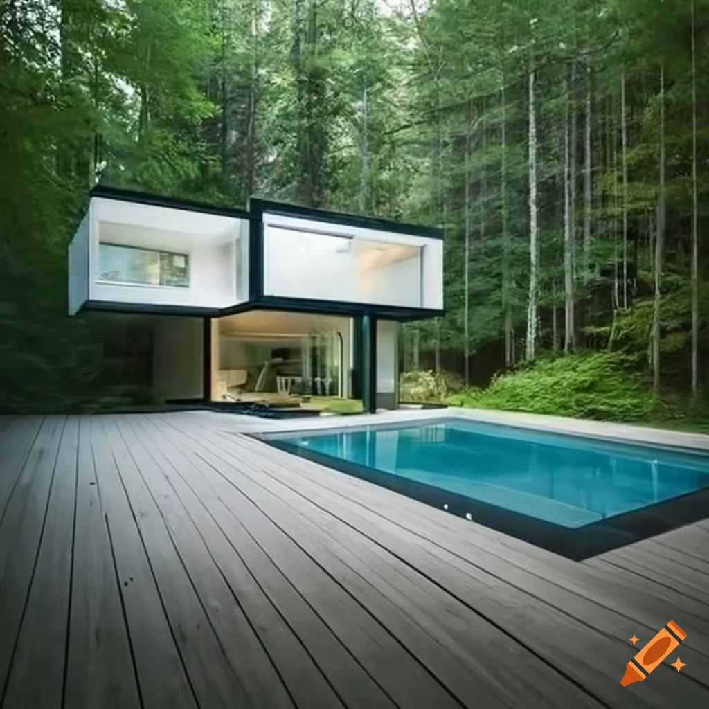 Modern white forest house with pool and garage surrounded by trees on ...