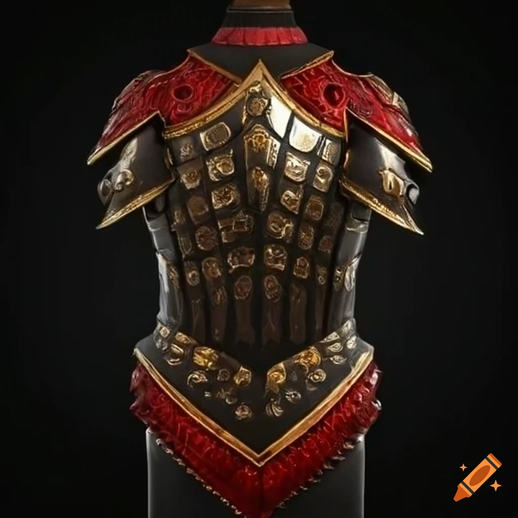 Intricate black, gold, and red arm armor design on Craiyon