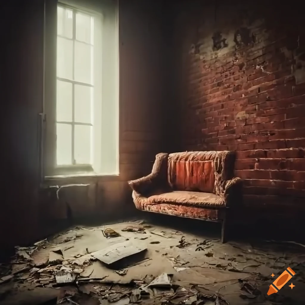 Detailed abandoned foggy room with brick fireplace and tall windows on ...