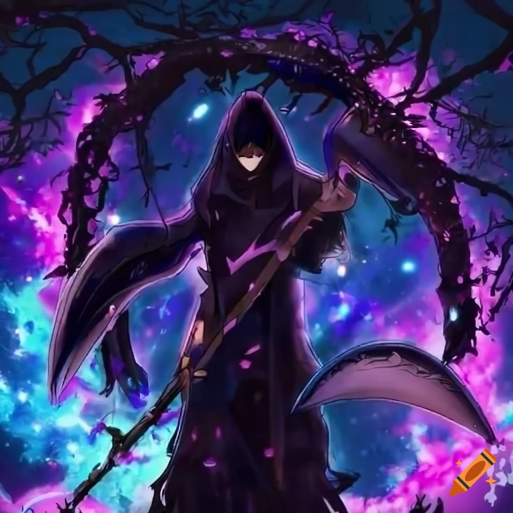 Powerful anime character with galaxy scythe in cherry blossom rain ...