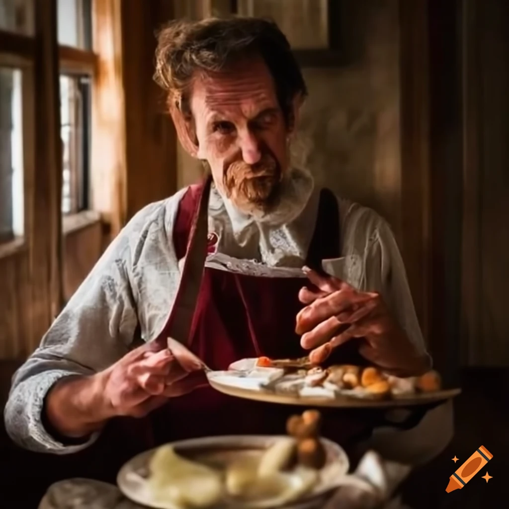 Dutch man enjoying traditional cuisine in a rustic setting on Craiyon