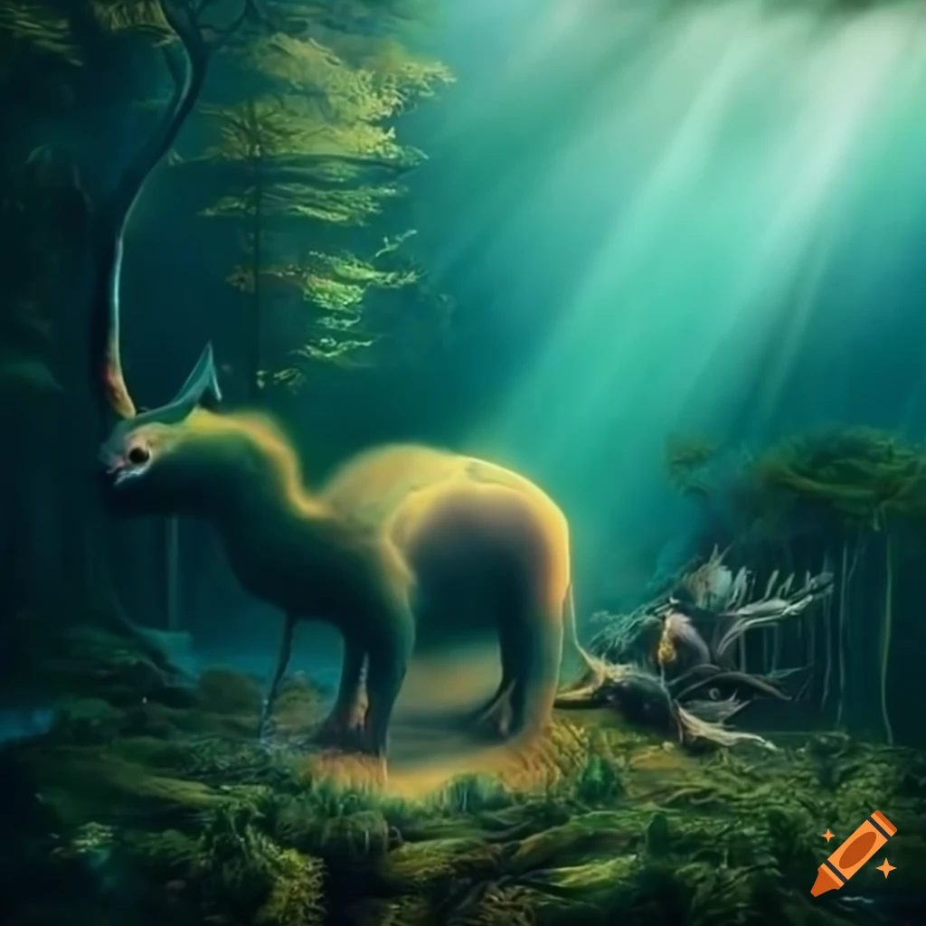 Surreal and whimsical depiction of mutant animals in a strange forest ...