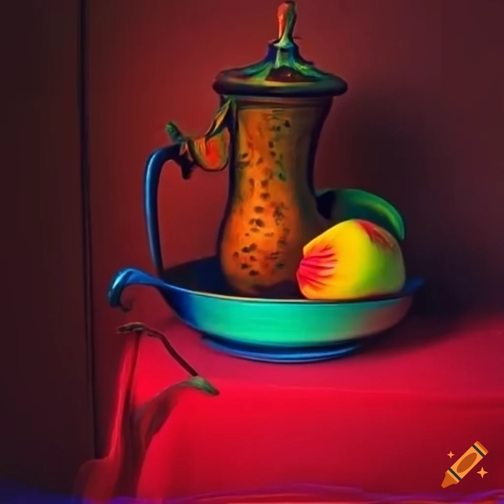 Neon still life painting inspired by willem kalf on Craiyon
