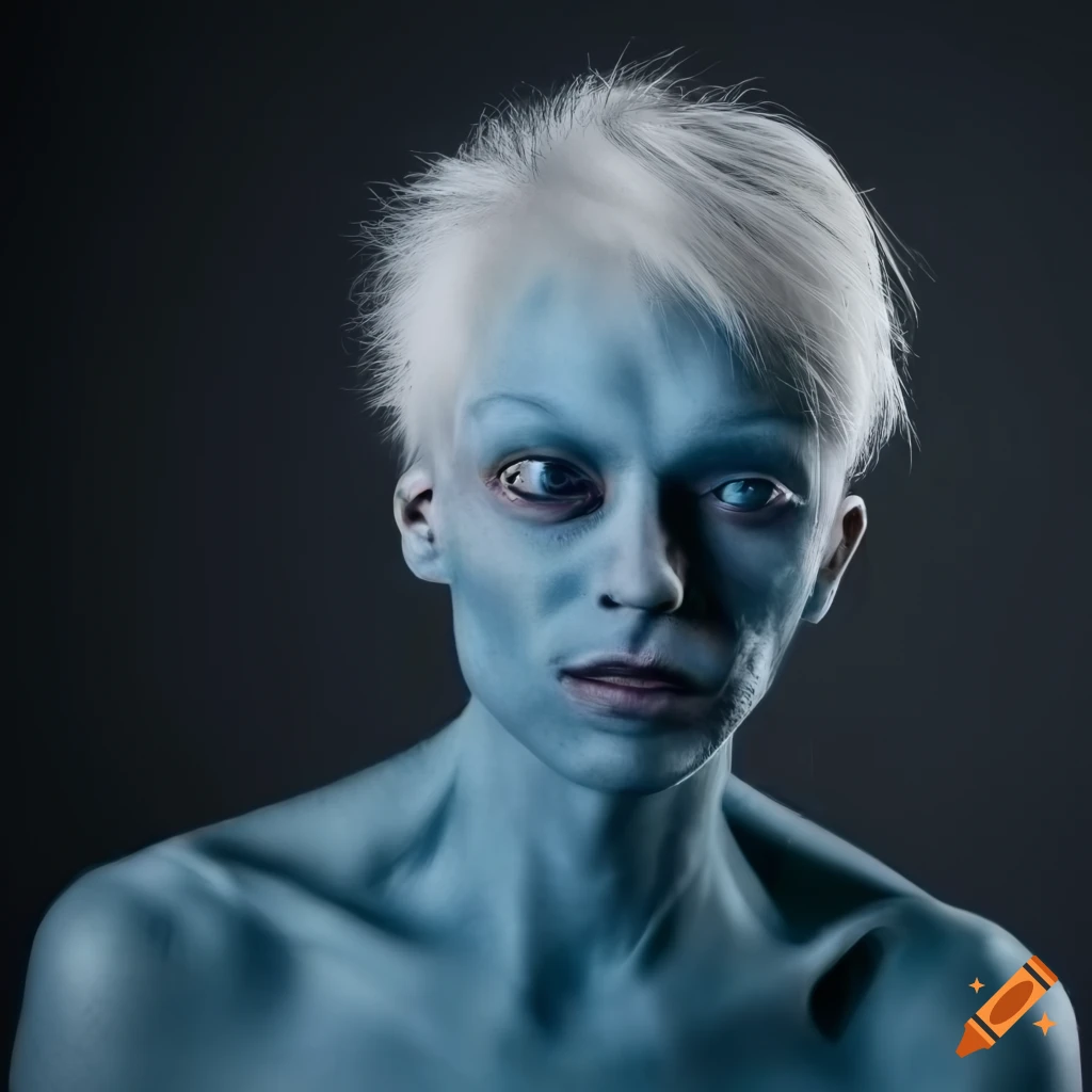 Realistic photo of a blue-skinned humanoid alien man with white hair ...