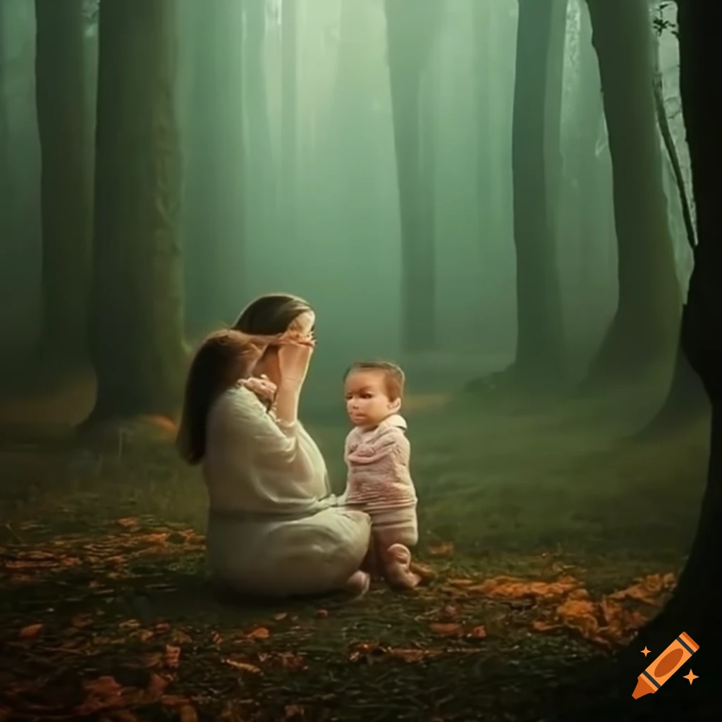 Mother watching over her newborn twins in a misty forest on Craiyon