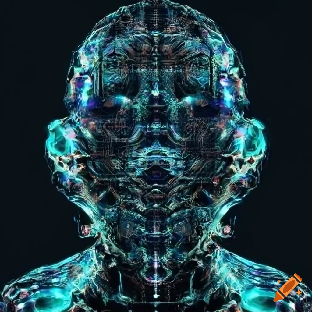 Futuristic transparent face with a solid spirit inside, in front of a ...