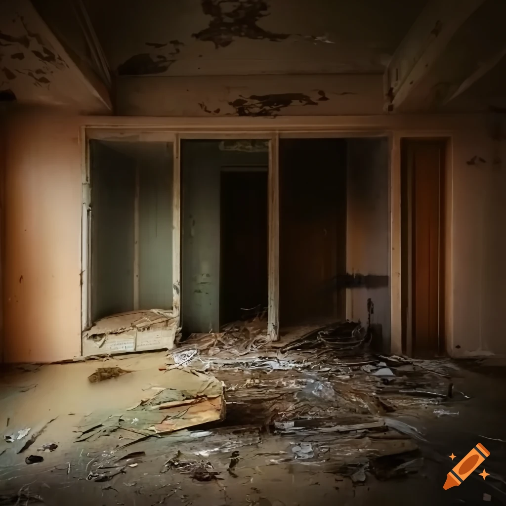 Abandoned flooded storage room with built-in cabinets and shelves on ...
