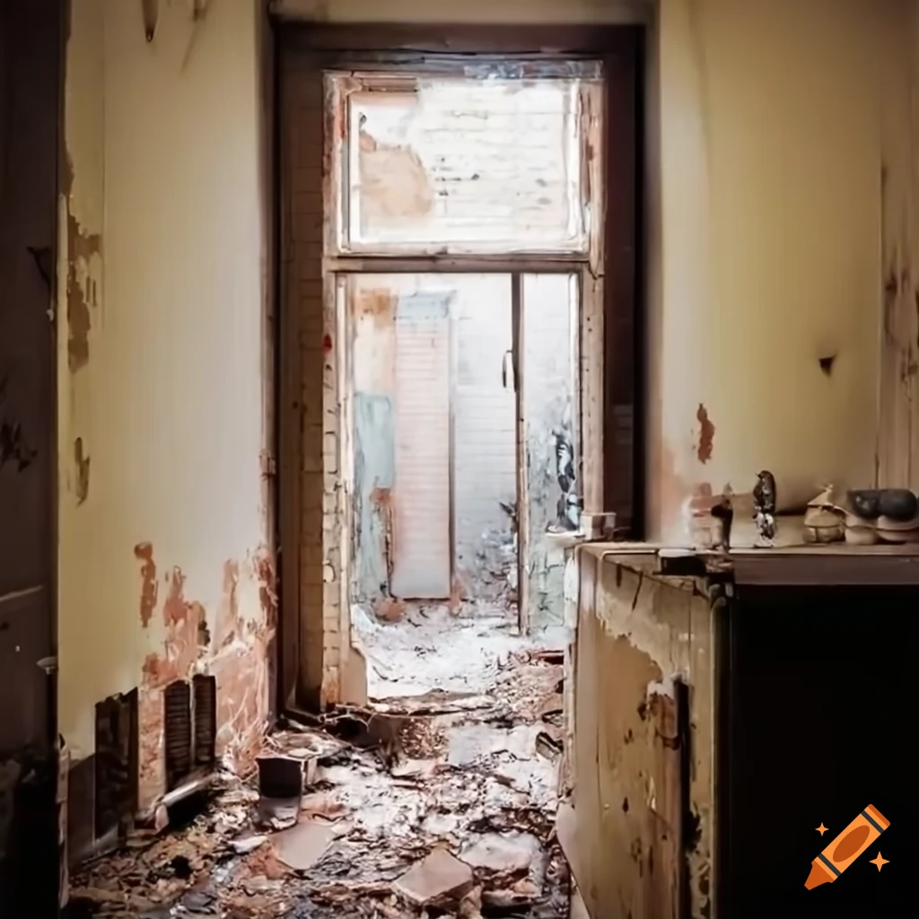 Foggy flooded abandoned kitchen with built-in cabinets and exposed ...