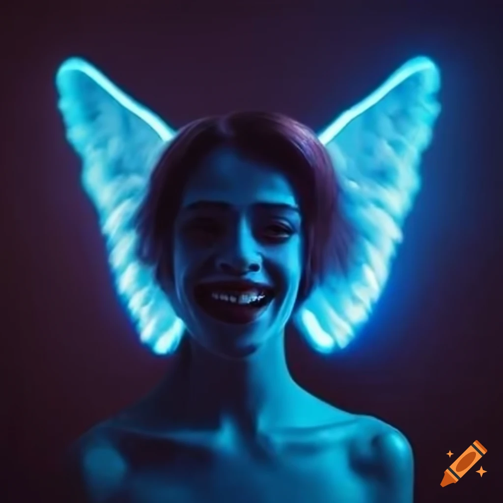 Smiling human mouth and neon angel flying on Craiyon