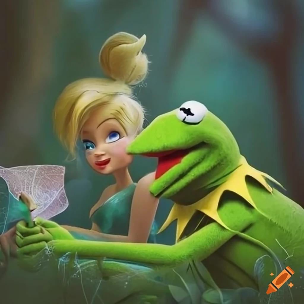 Kermit the frog and tinkerbell in a beautiful garden on Craiyon