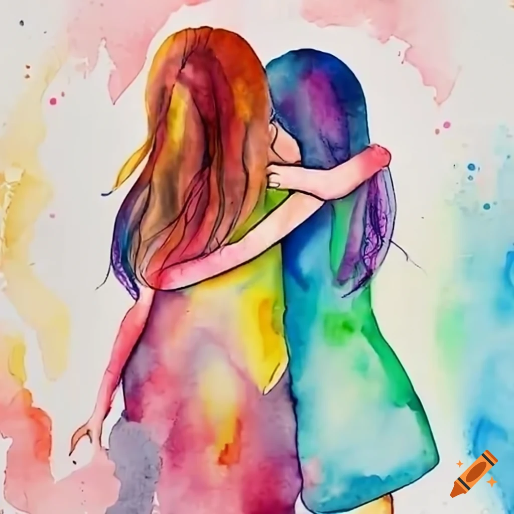 Two girls side hugging with their backs turned on Craiyon