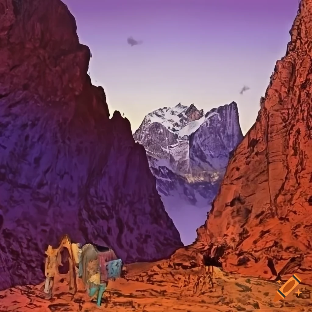 Moebius-style artwork of medieval soldiers gazing at snow-topped jagged ...