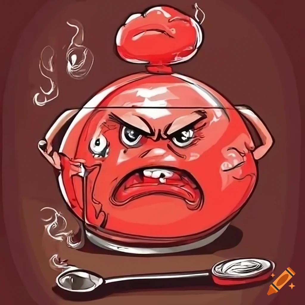 Angry cooking pot with human face and red cheeks steaming on Craiyon