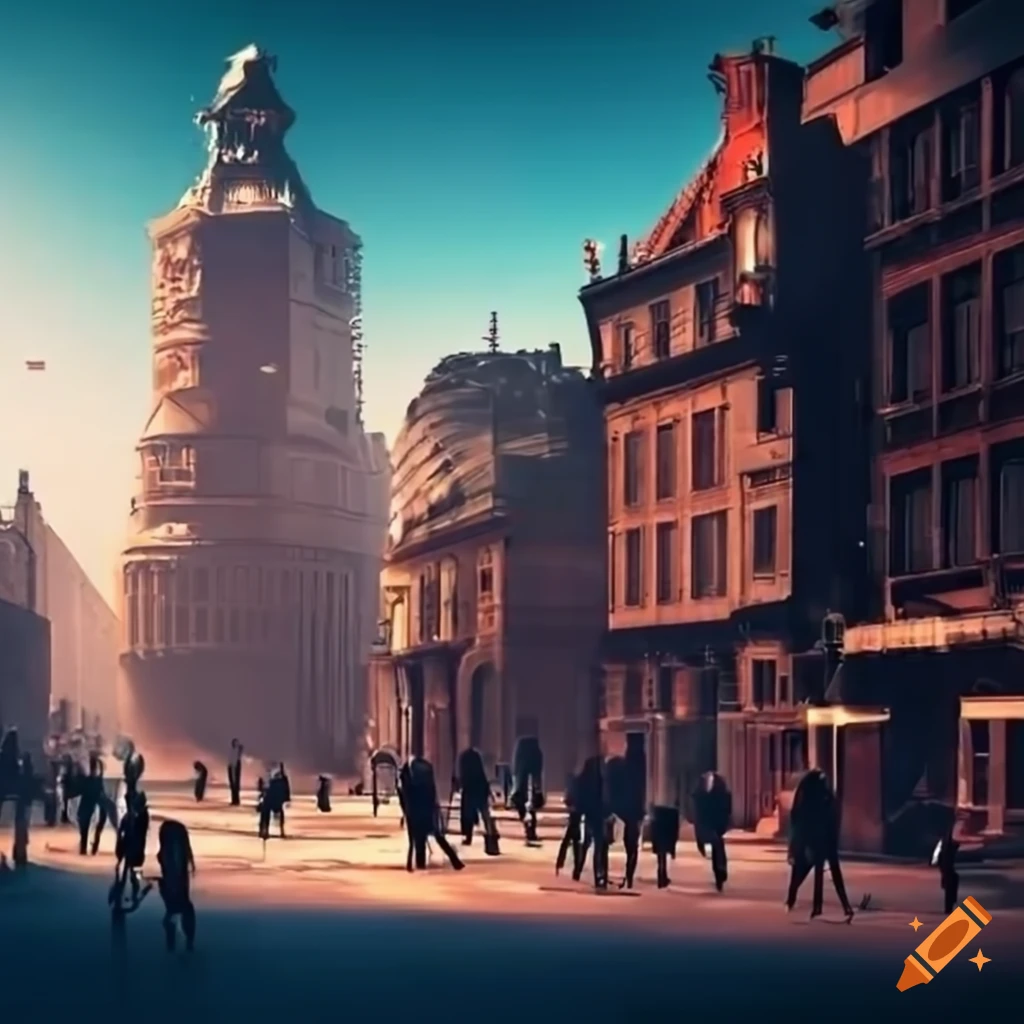 Intricately designed steampunk city street with people and vehicles on ...