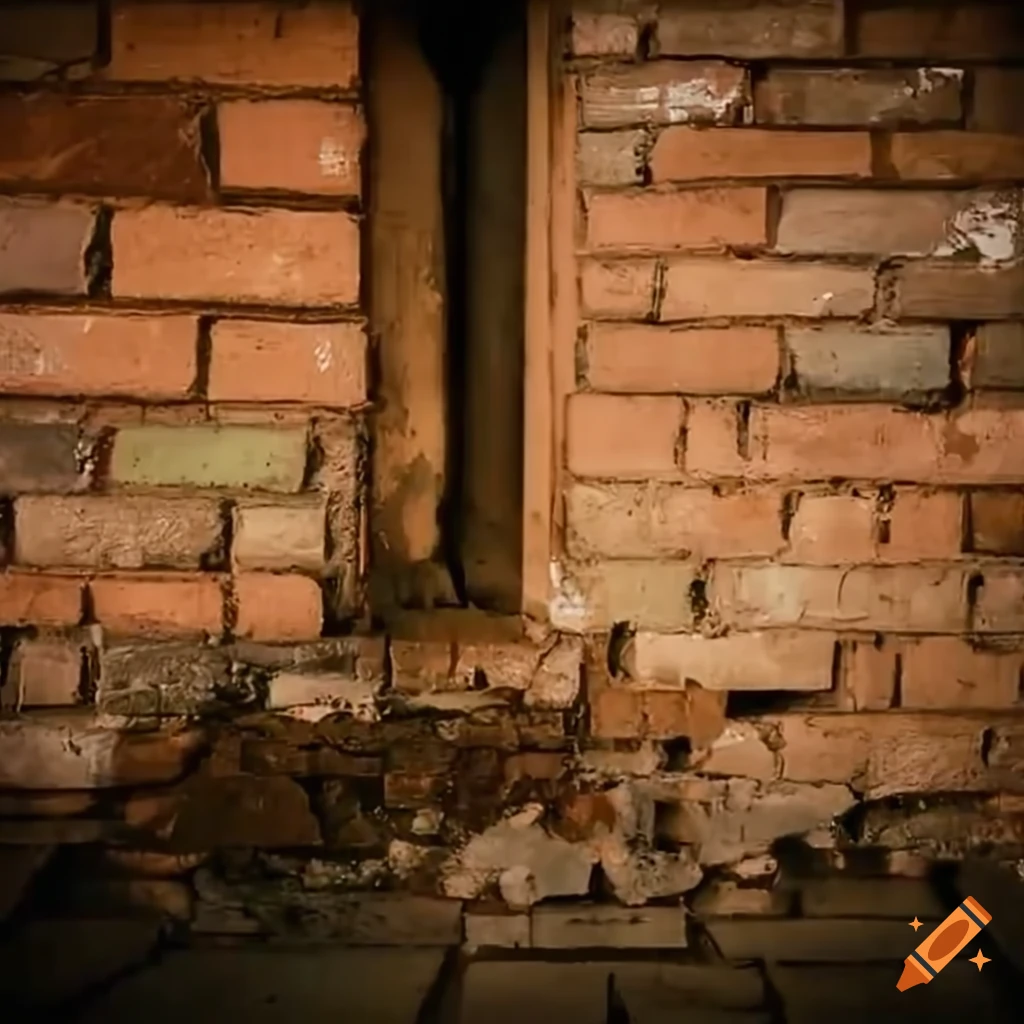 Up close view of crumbling bricks with abandoned buildings sinking into ...