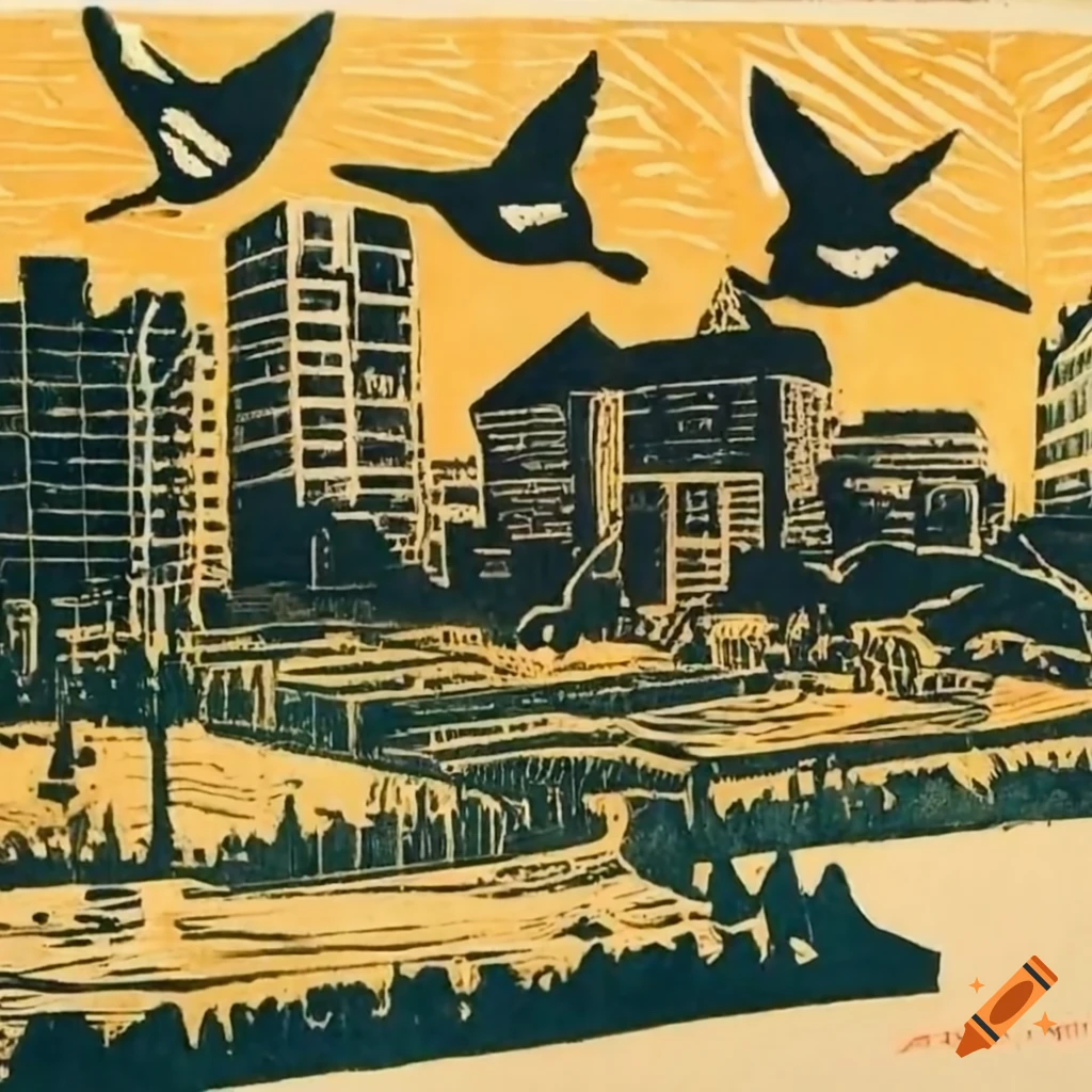 Bird's eye view of a city park in vintage linocut style on Craiyon