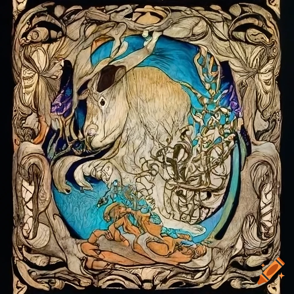 Serigraph of spirit animals with fusion of designs and motifs in a ...