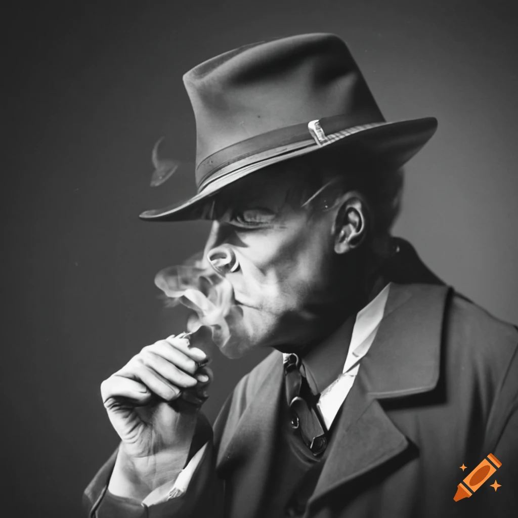 Film noir detective smoking a cigar and wearing a fedora and coat on ...