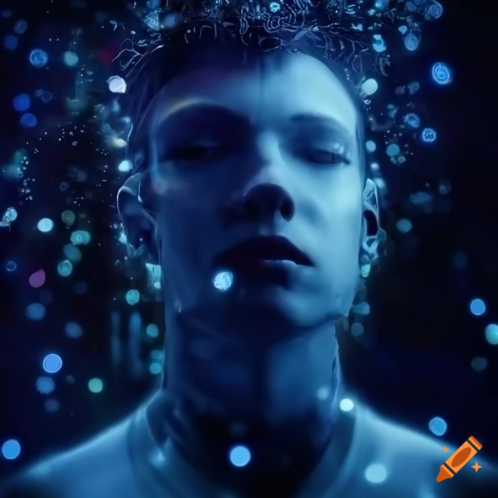 Futuristic male space traveler in crystal lights in hyperspace on Craiyon