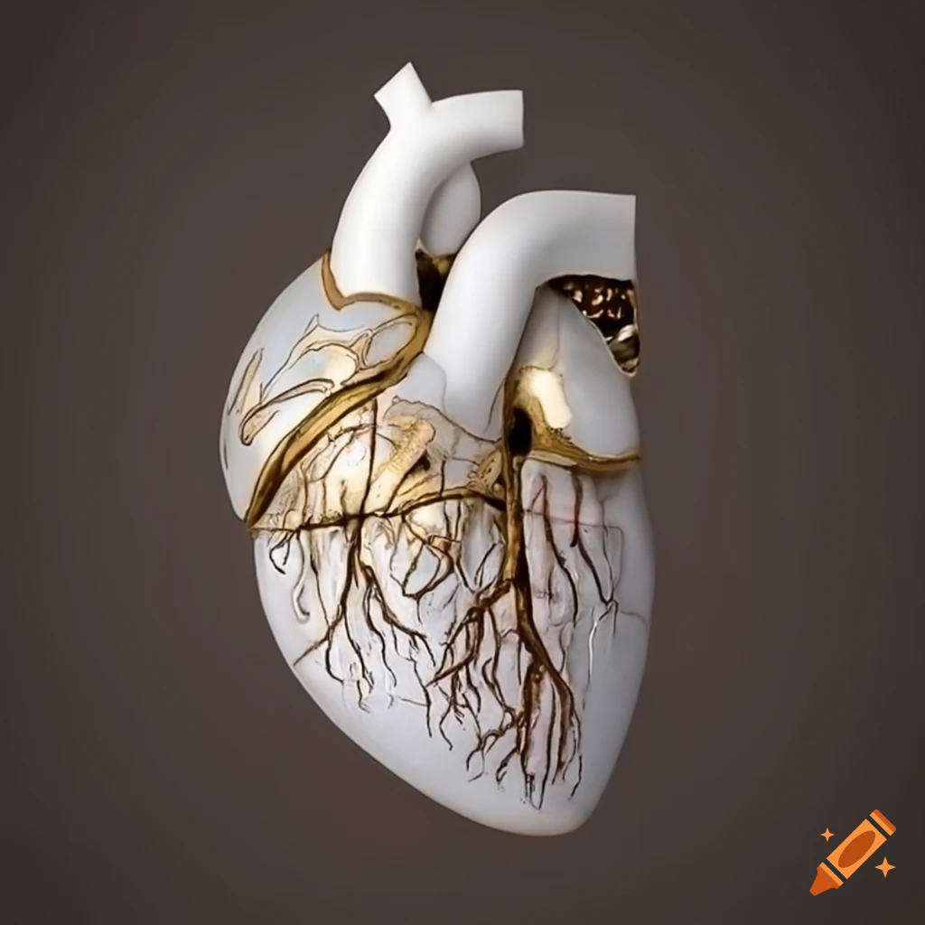 Kintsugi anatomically accurate heart in white and gold on Craiyon