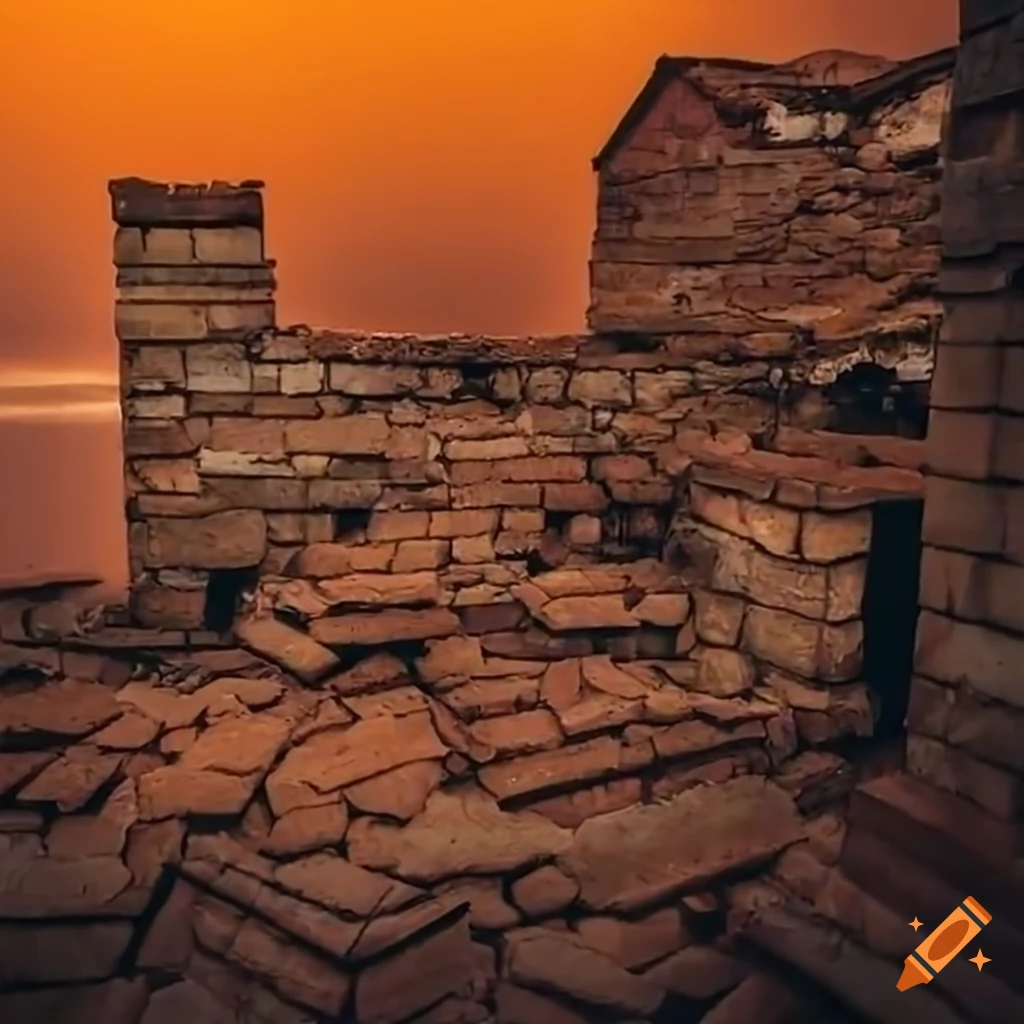 Close-up of crumbling bricks and abandoned buildings sinking into ocean ...