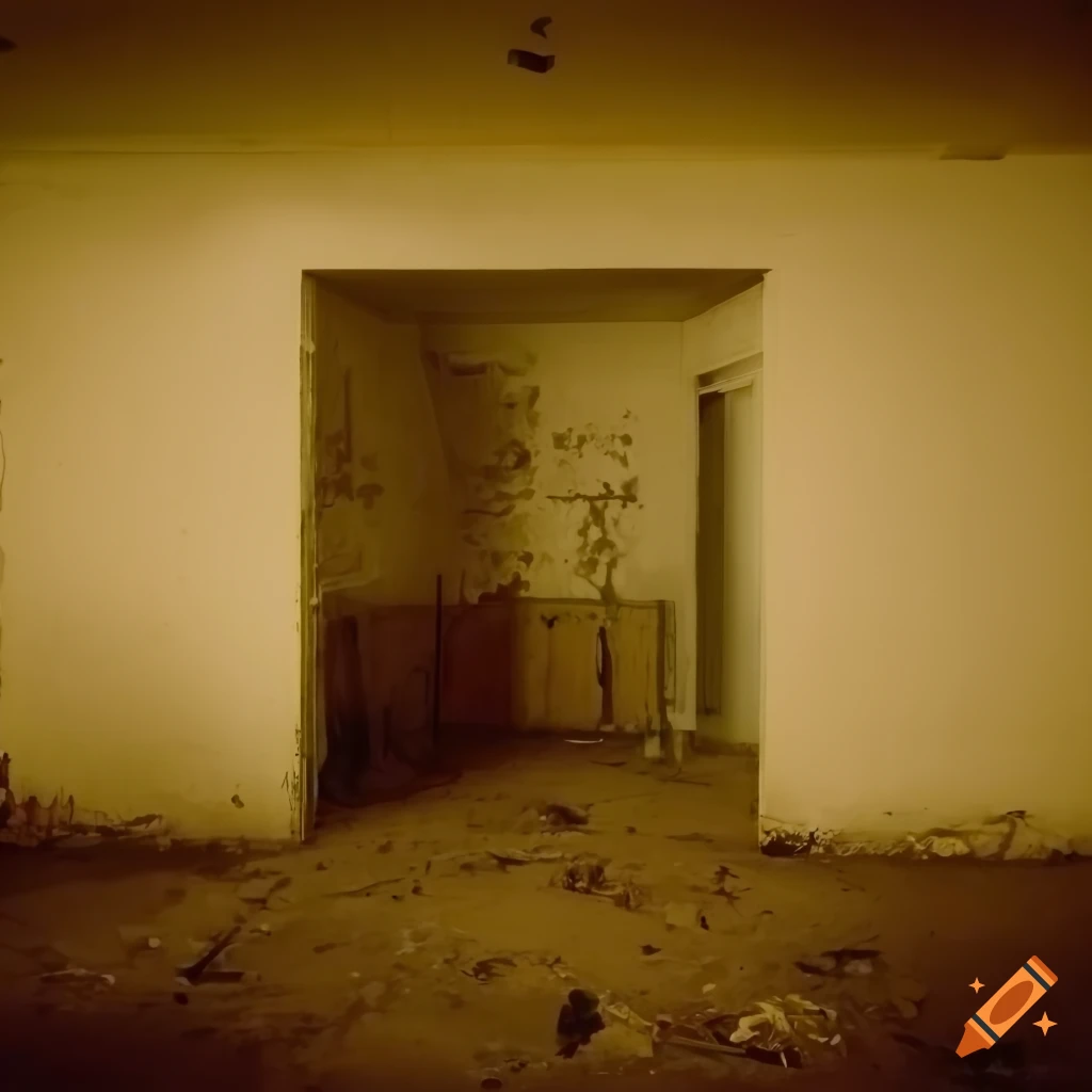 Abandoned flooded basement room with built-in cabinets and peeling ...