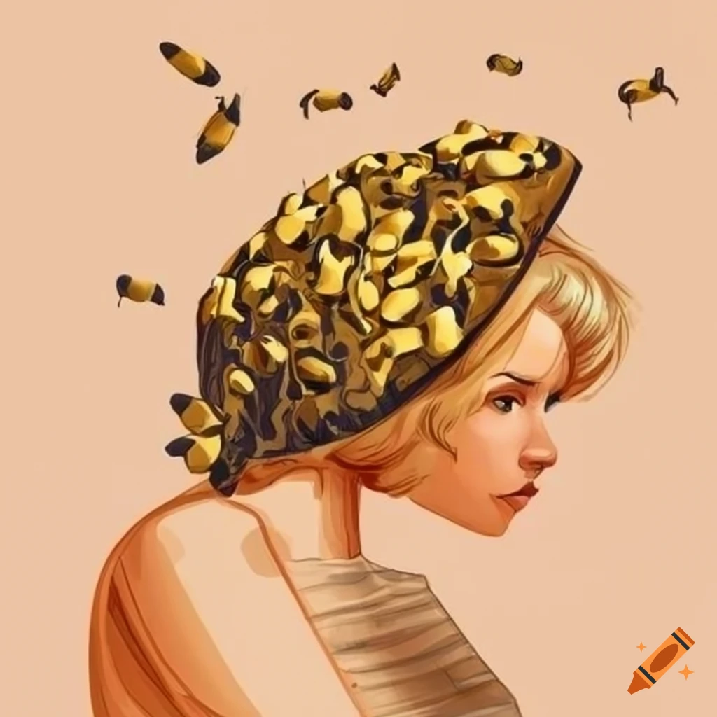 Detailed line drawing of a bonnet with flying bees on Craiyon