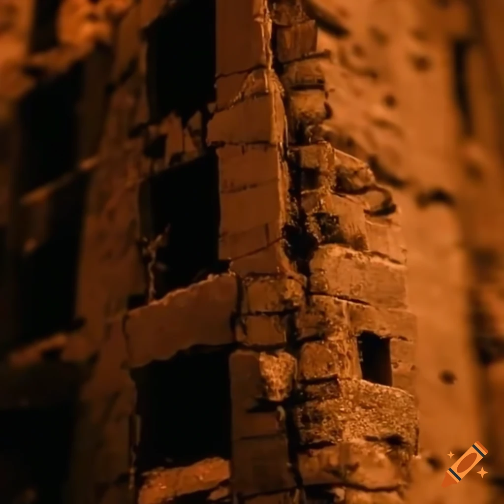 Close-up view of crumbling bricks with abandoned buildings sinking into ...