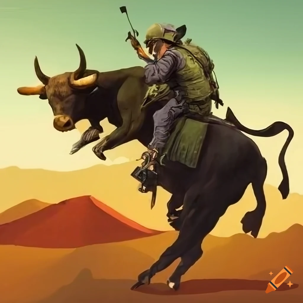 Military pilot riding a bull in Adobe style on Craiyon