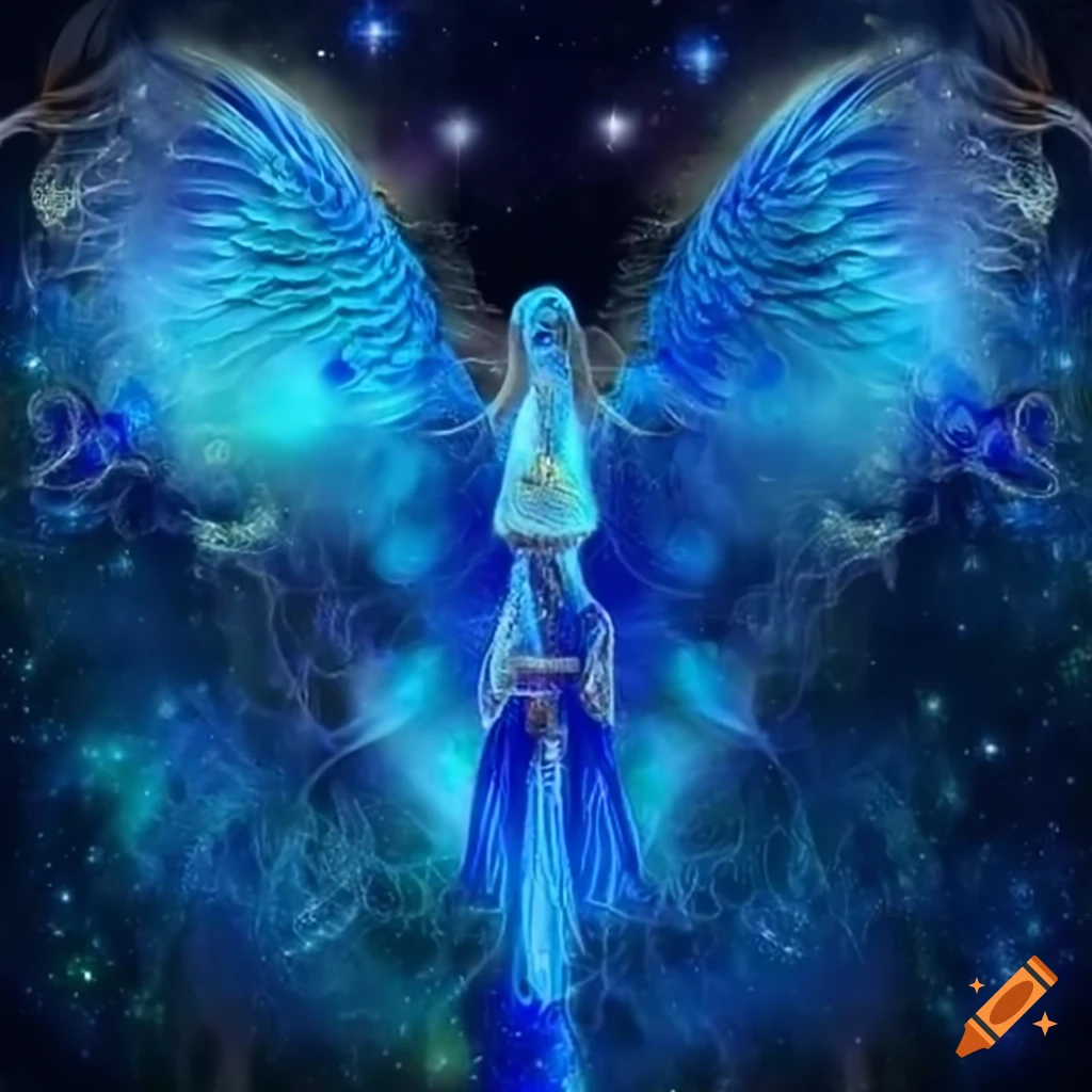 Portrait of a shining goddess with a blue galactic phoenix on Craiyon