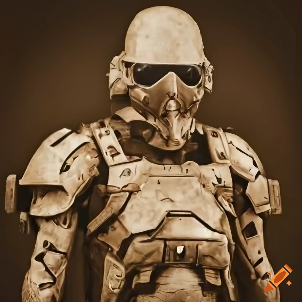 Sci-fi humanoid alien soldiers in desert camo armor on Craiyon