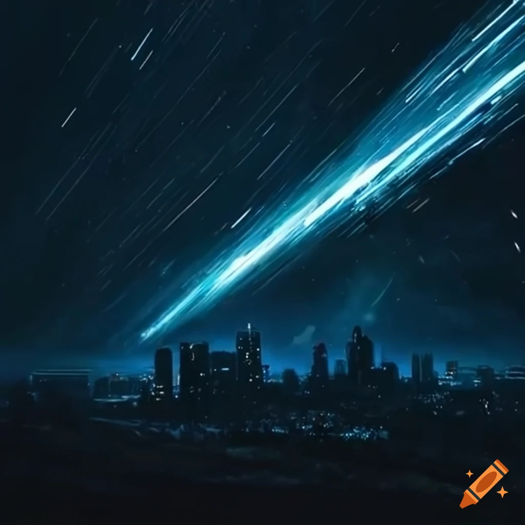Meteor shower in a snowy city during a dark apocalyptic night on Craiyon