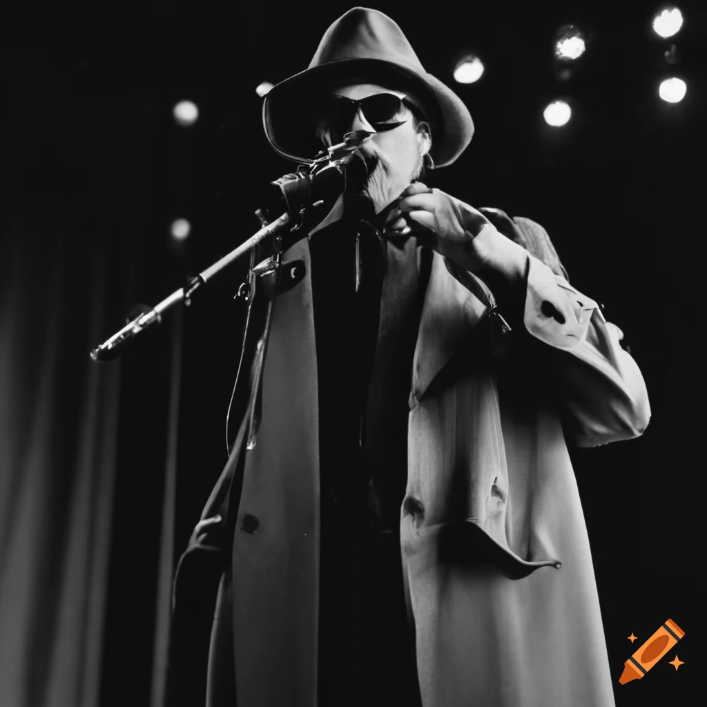 Man in trench coat and fedora on stage with microphone on Craiyon