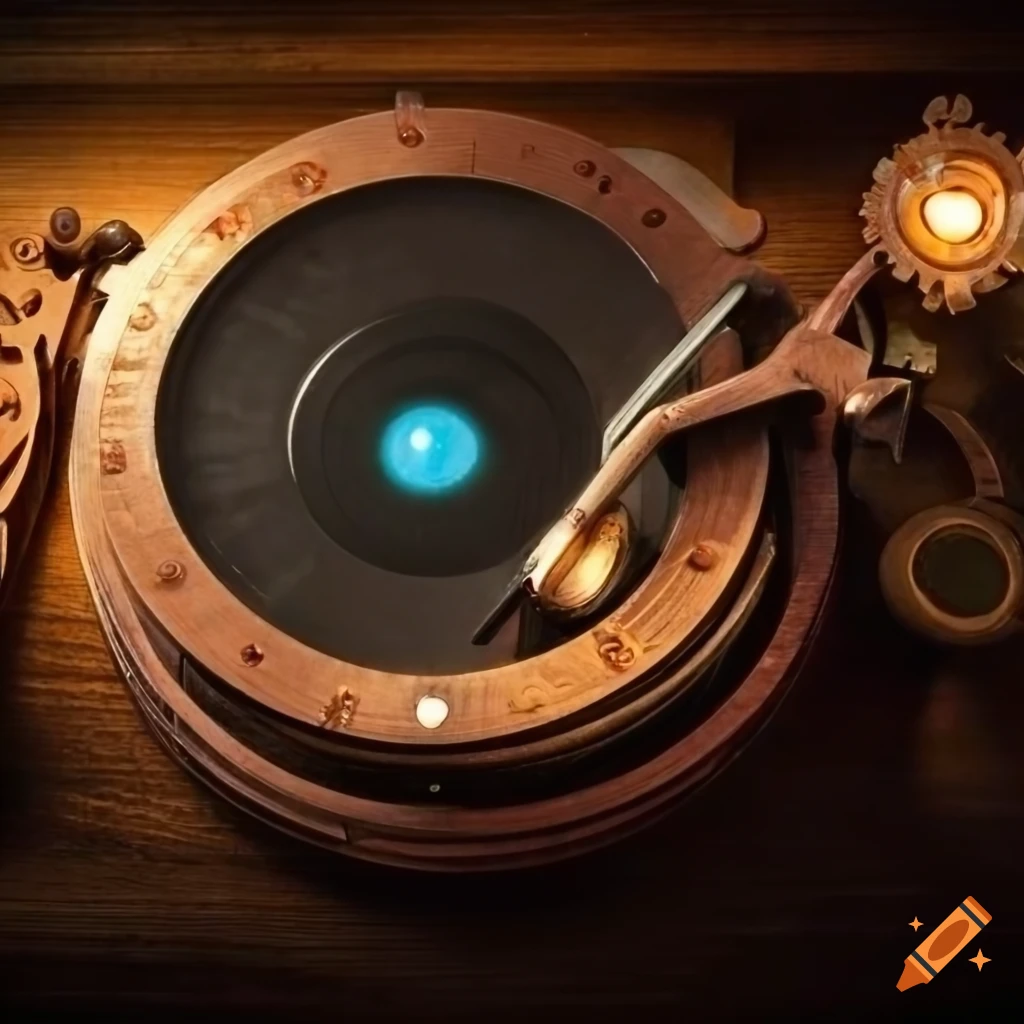 Steampunk record player with intricate cogs and lights on Craiyon