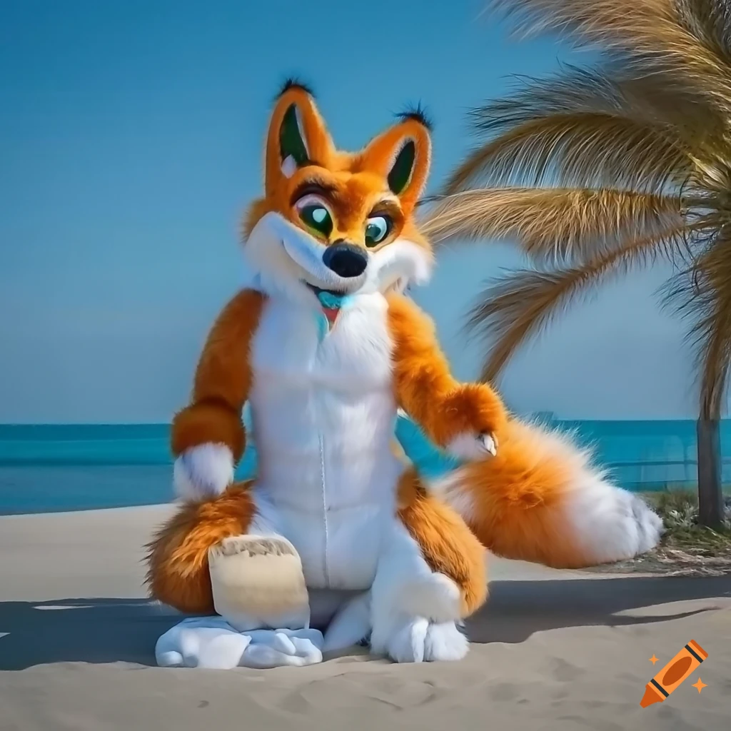 Realistic bright orange fox fursuit with white fluffy fur standing at ...