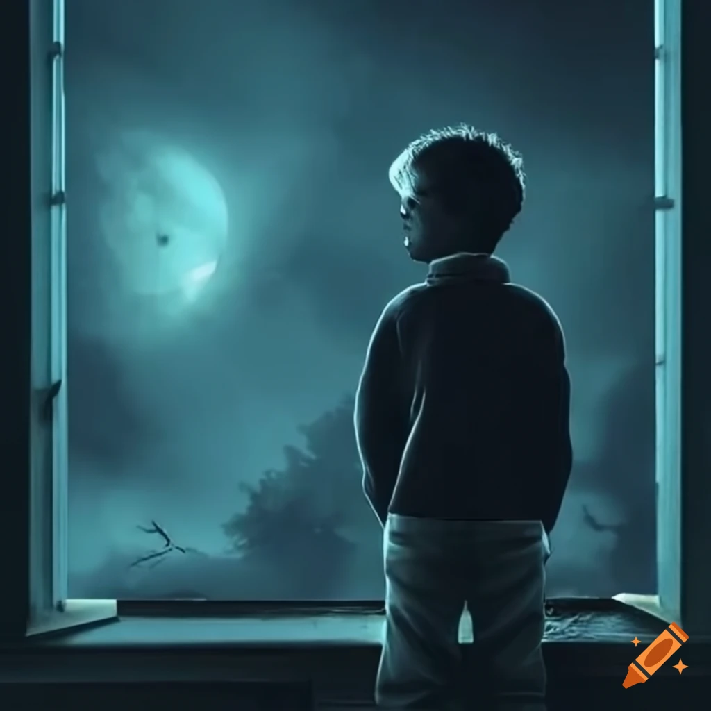 Horror themed night background with boy looking outside from window on ...