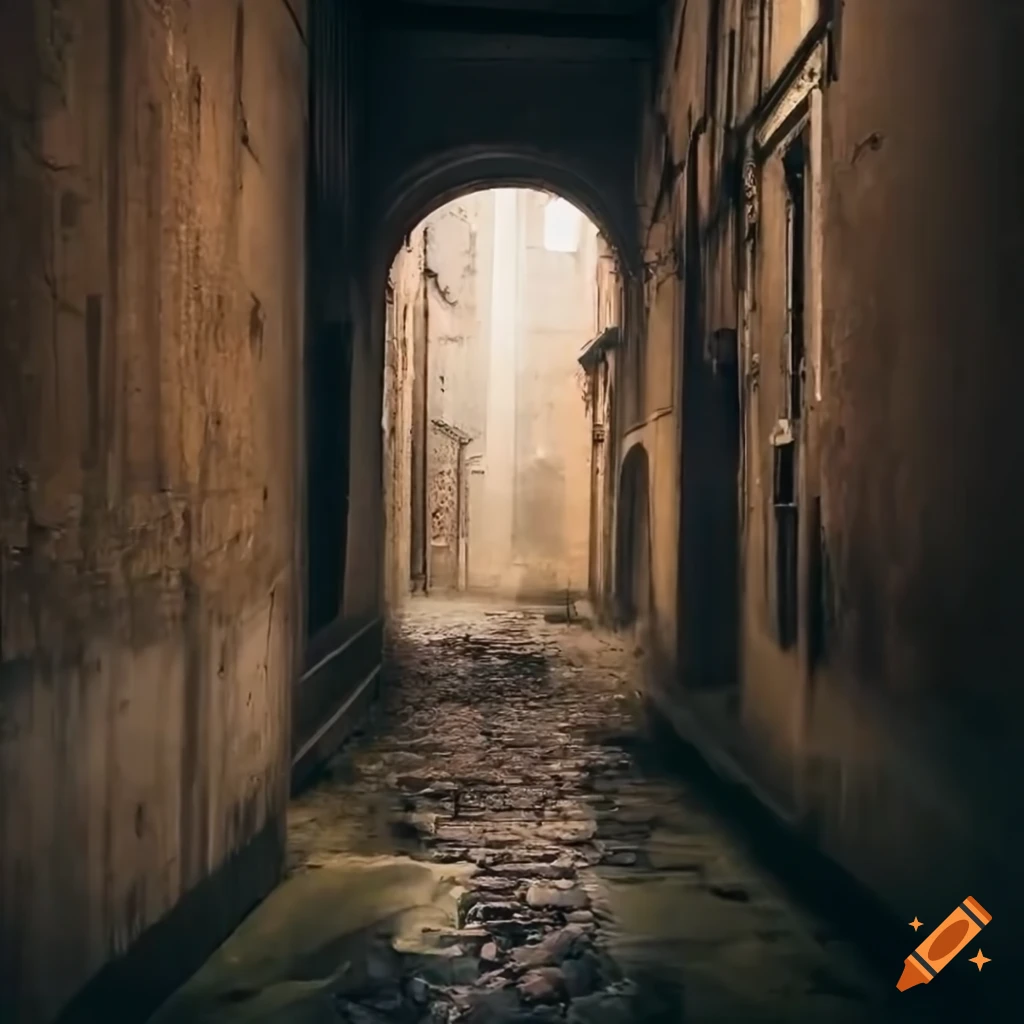 Abandoned flooded Italian alley in heavenly fog with ambient yellow ...
