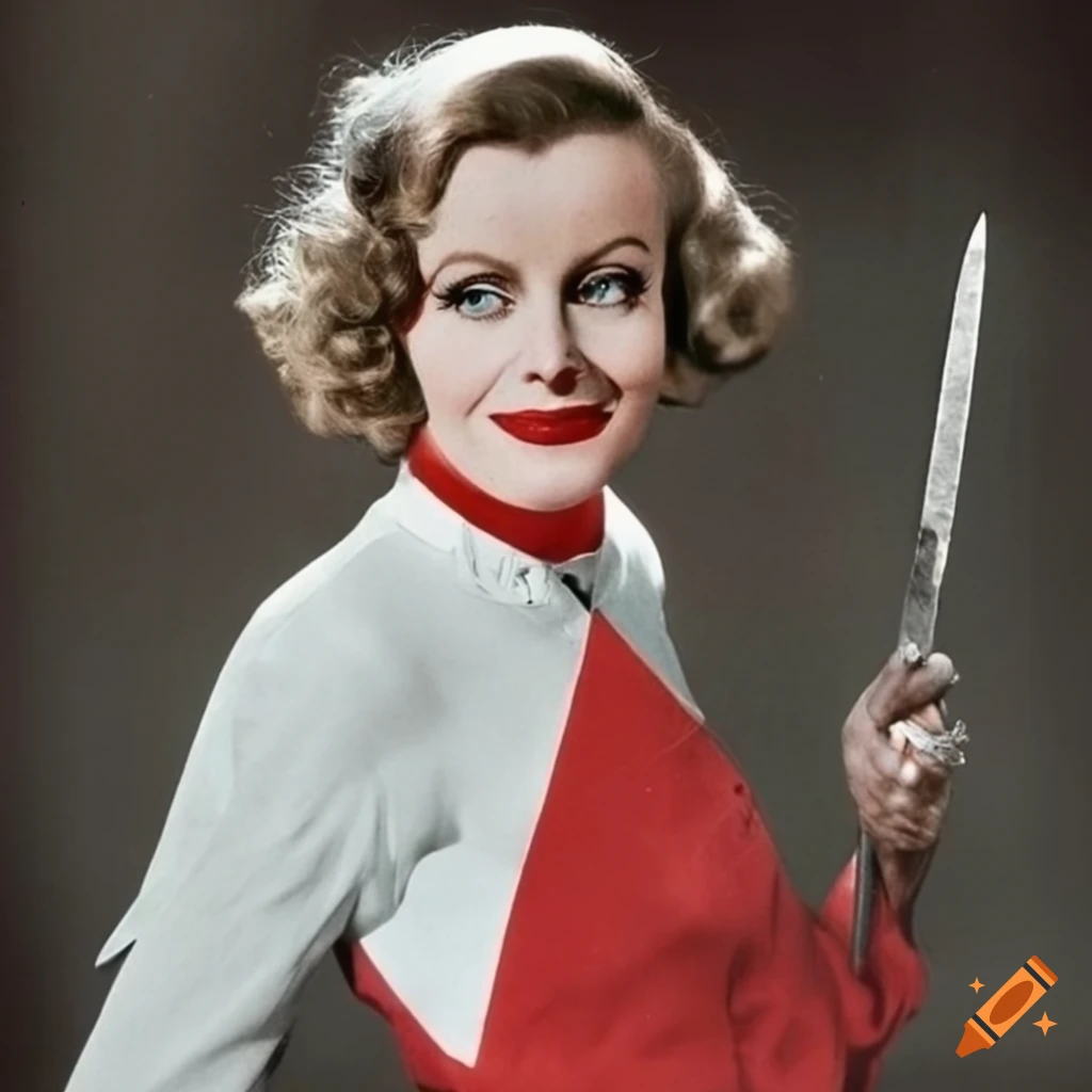 Smiling greta garbo in red choker, white shirt, and red pencil skirt ...