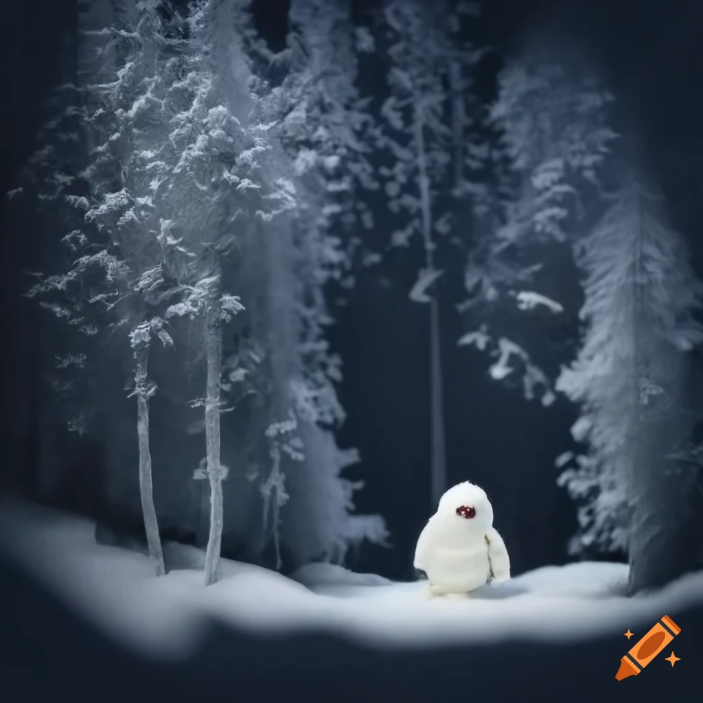 Needle felt forest with a white yeti walking in snowfall, sci-fi TV ...