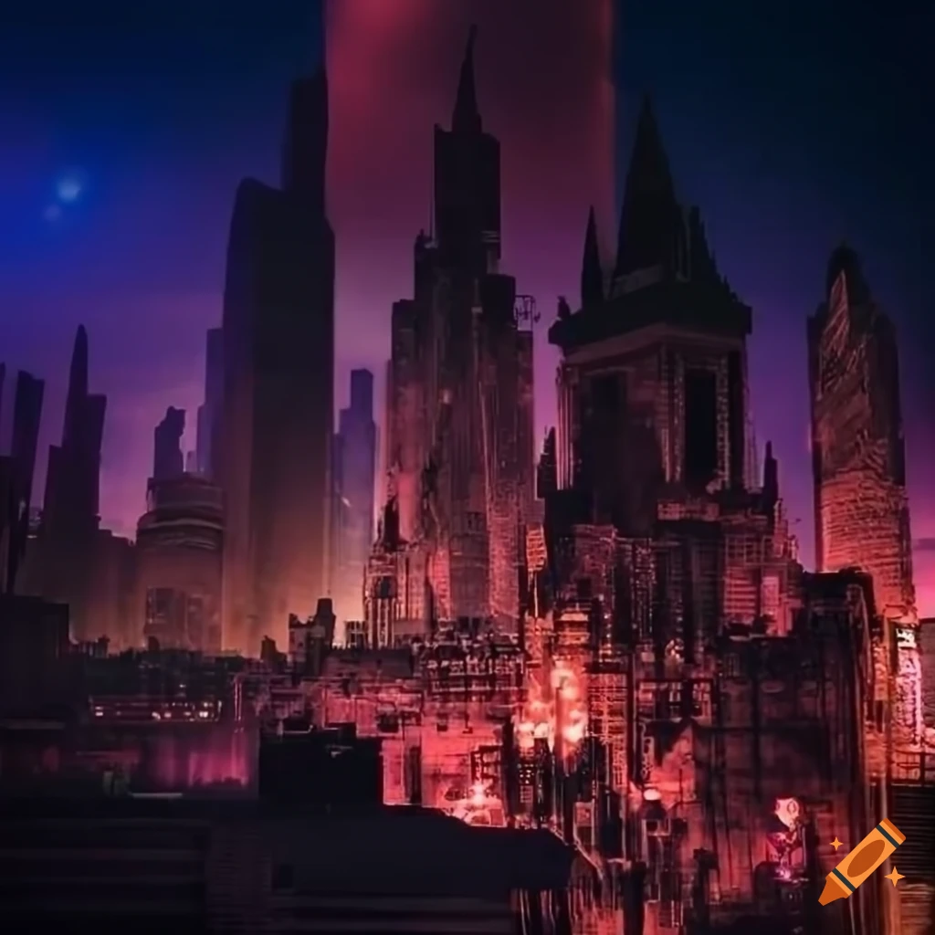 Biopunk cityscape with neon-lit skyline and celestial goddess on Craiyon
