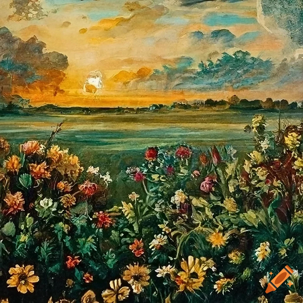 Intricately detailed realistic flower field painting in a muted color ...