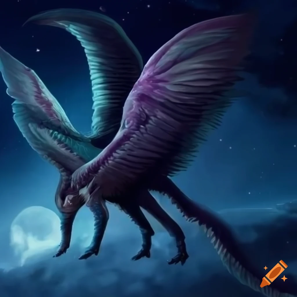 Fantasy creature flying in the night sky on Craiyon