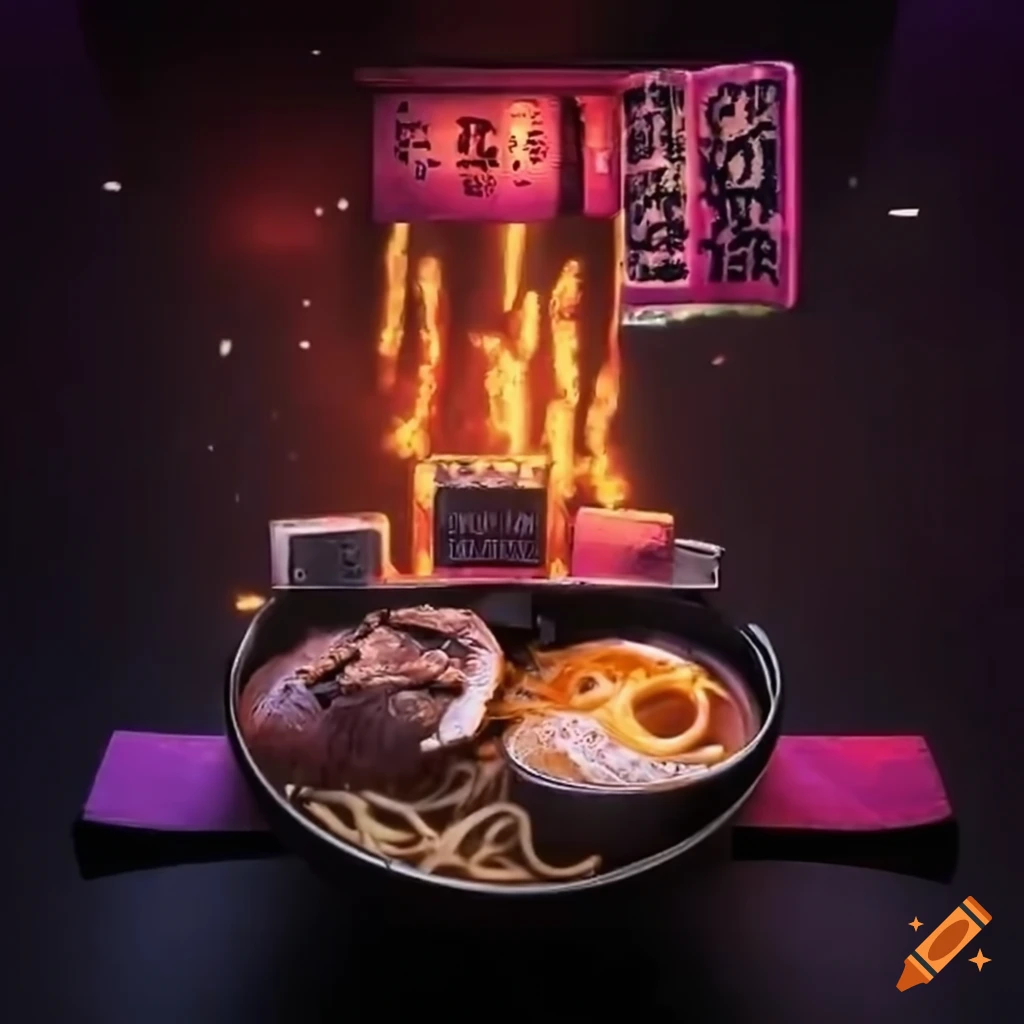 Cyberpunk beef ramen stall with meal as the main focus on Craiyon