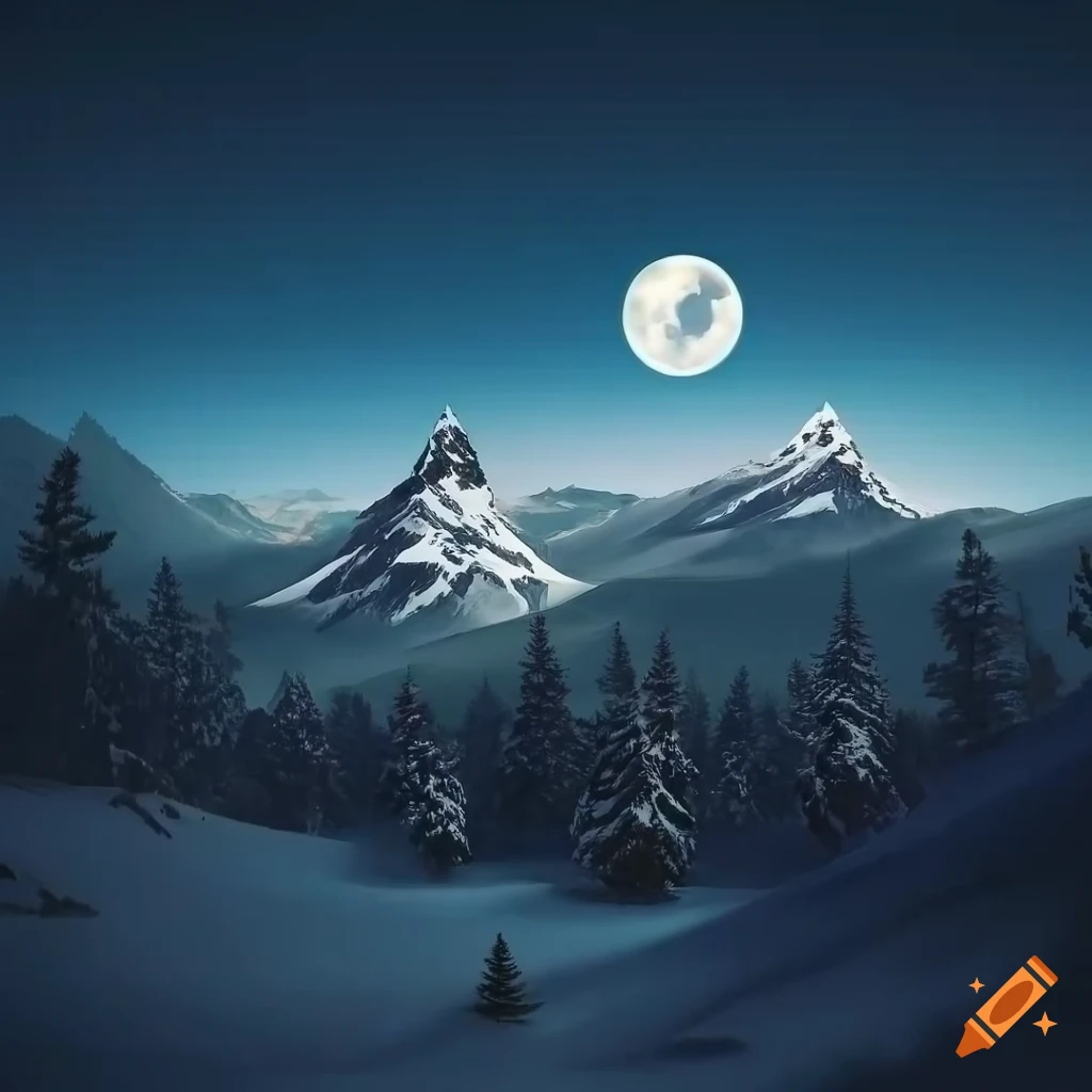Blue nighttime mountain landscape with snowy peaks, forest, and moonlight on Craiyon