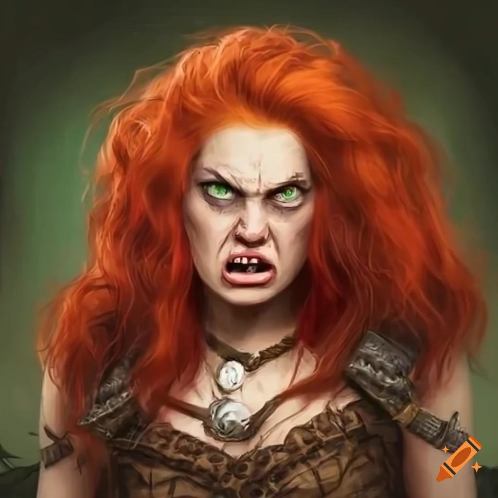 Fierce red-haired woman knocking down a goblin in a forest on Craiyon