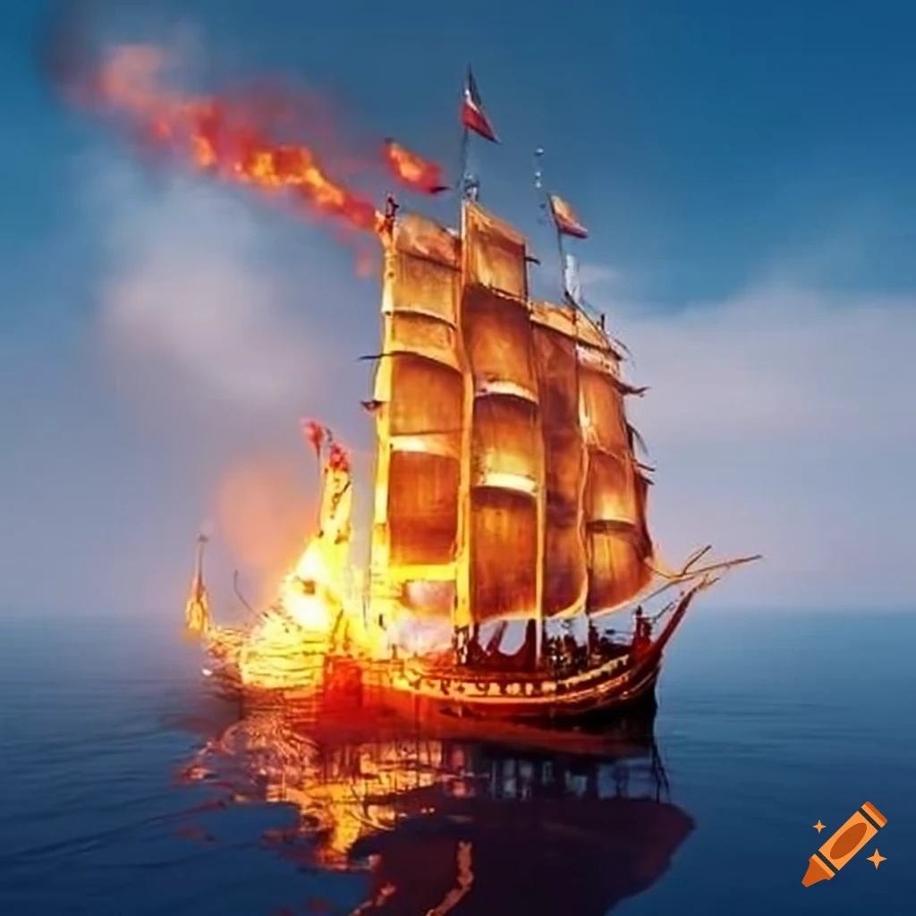 Burning imperial chinese ship with cool sails on Craiyon
