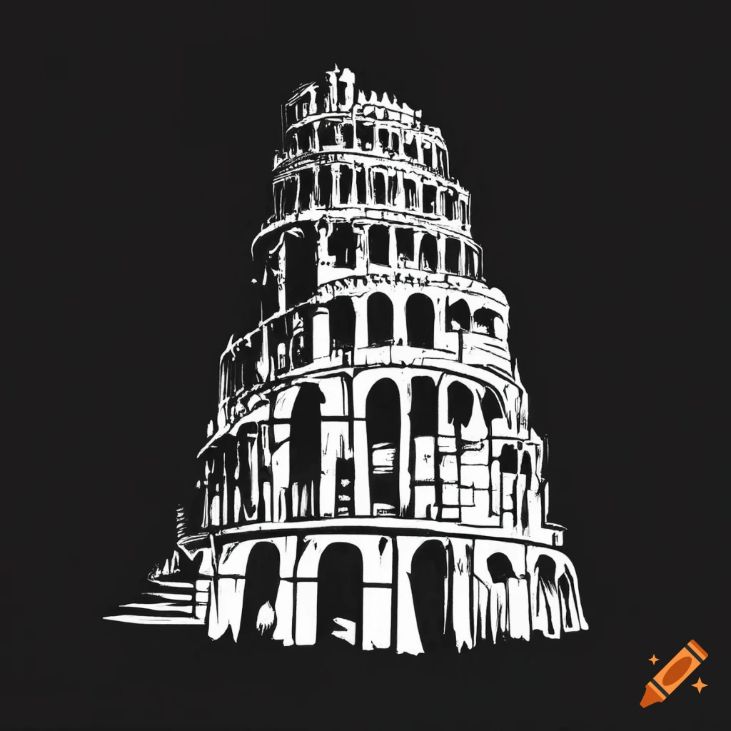 Woodcut depiction of the Tower of Babel with bold black and white lines ...