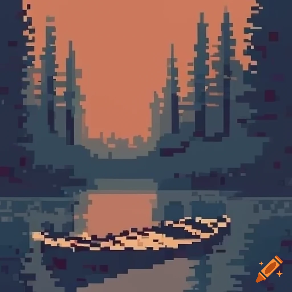 Pixel art of a wooden boat on a river in the evening woods on Craiyon