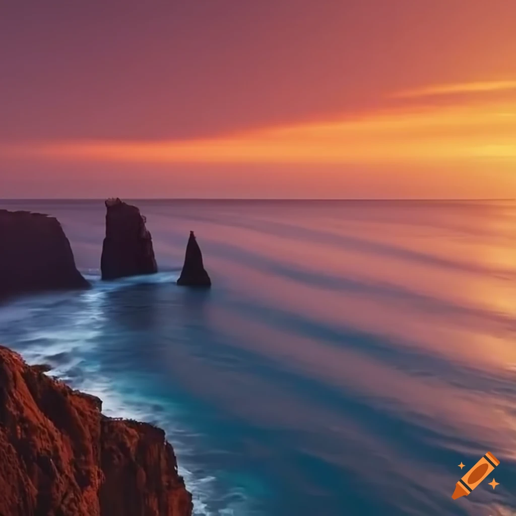 Breathtaking seascape at sunset with dramatic cliffs on Craiyon