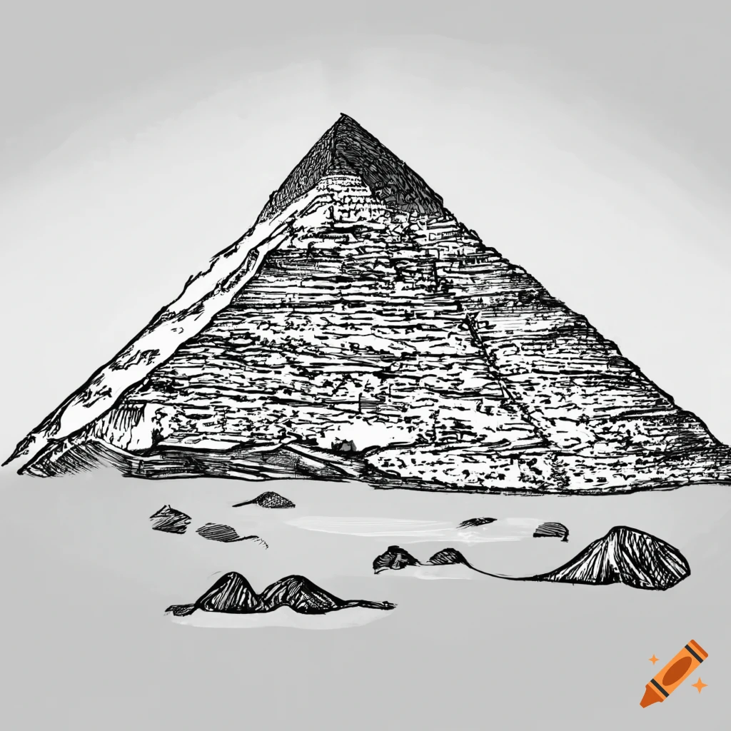 Hand-drawn black and white pyramid in the desert from a low angle view ...